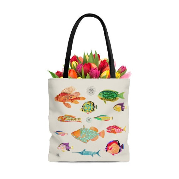 Sea life tote bag Nautical Custom Name Coastal canvas fish | Etsy