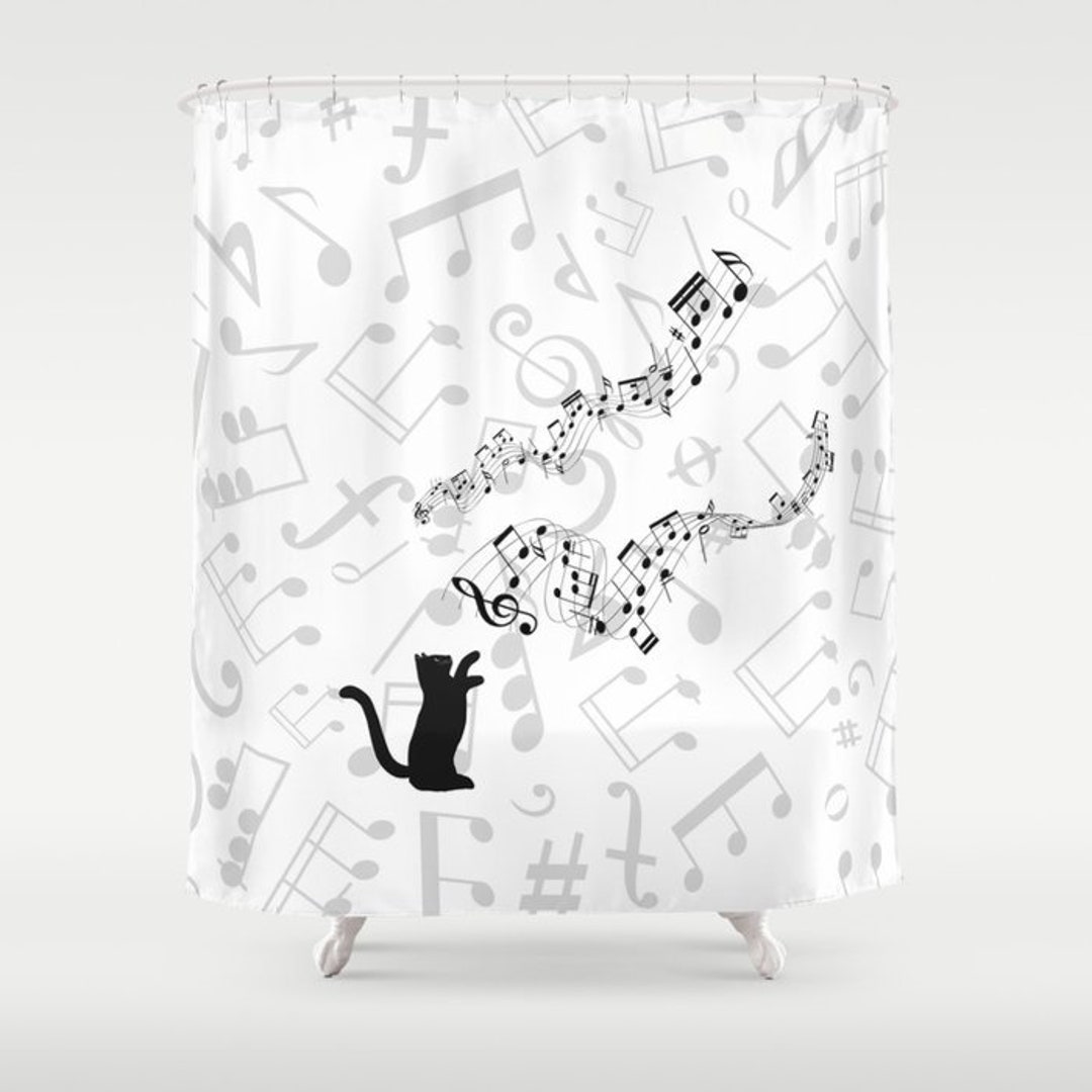 Musical Notes Shower Curtain Black Cat Unique Gift for Musicians ...