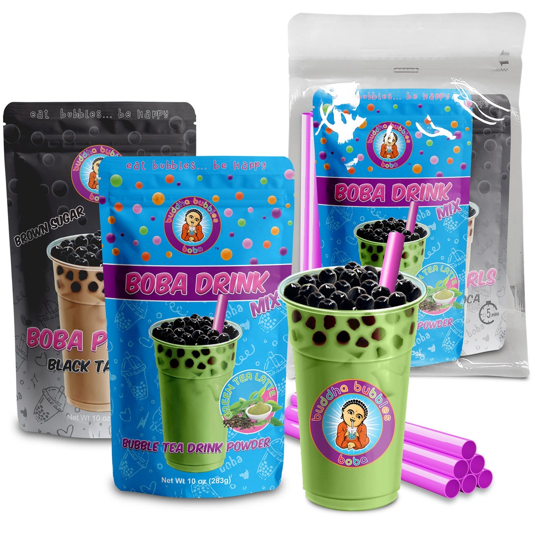 Matcha GREEN TEA LATTE Boba / Bubble Tea Kit Includes: Drink Mix Powder ...
