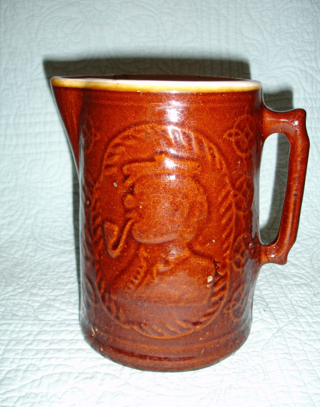 Stoneware Pitcher, Brown Salt Glaze, Man With Pipe on One Side and ...