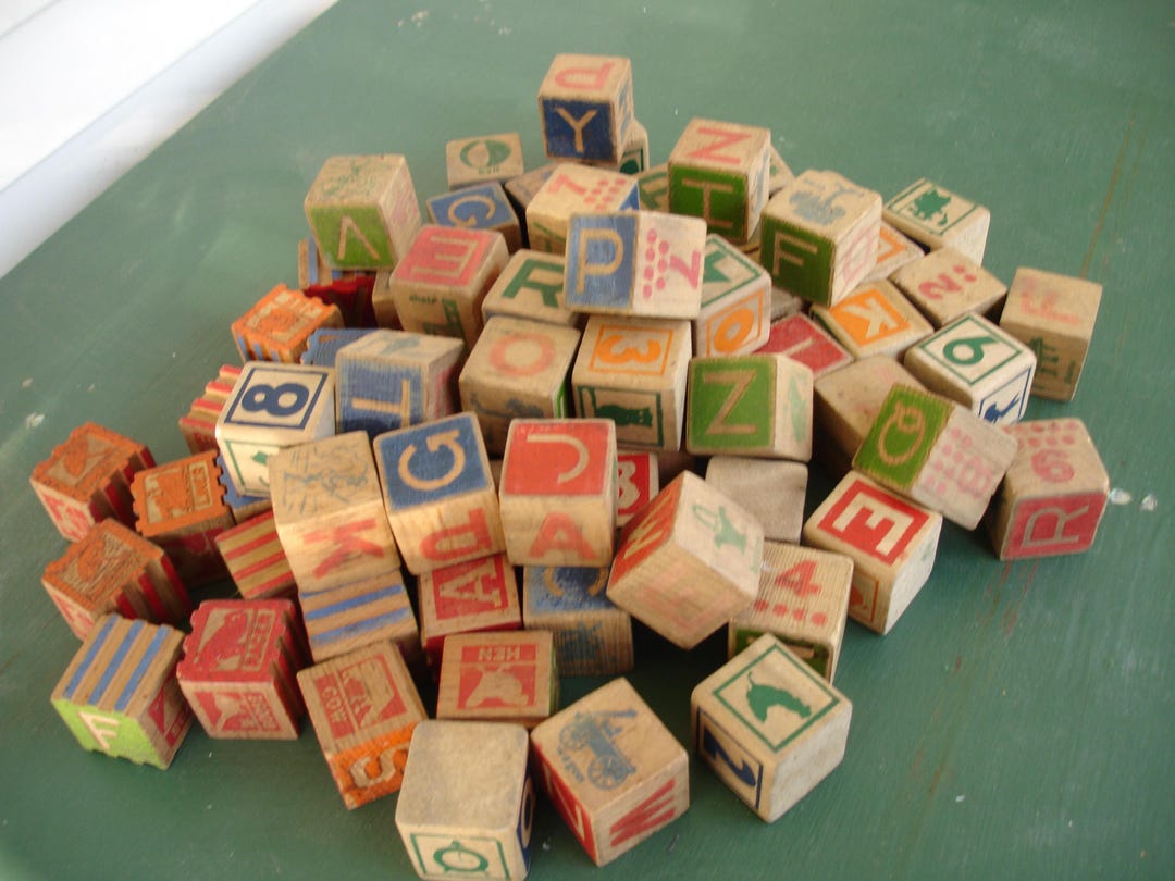 Antique/vintage Wooden Blocks Alphabet, Picture, Number Building Blocks ...