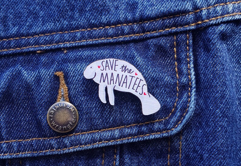 Save the Manatees Wooden Pin Badge Button - Etsy