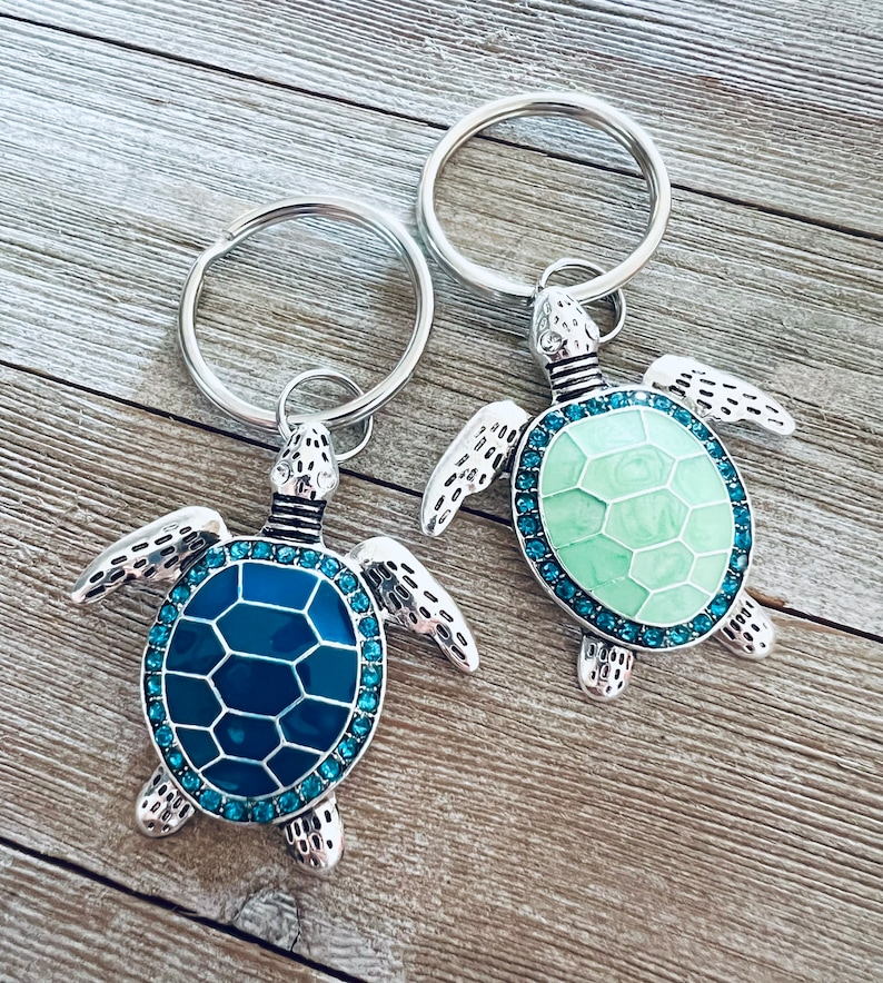 2 Sea Turtle Key Rings Dark Blue Sea Glass Green Rhinestone - Etsy