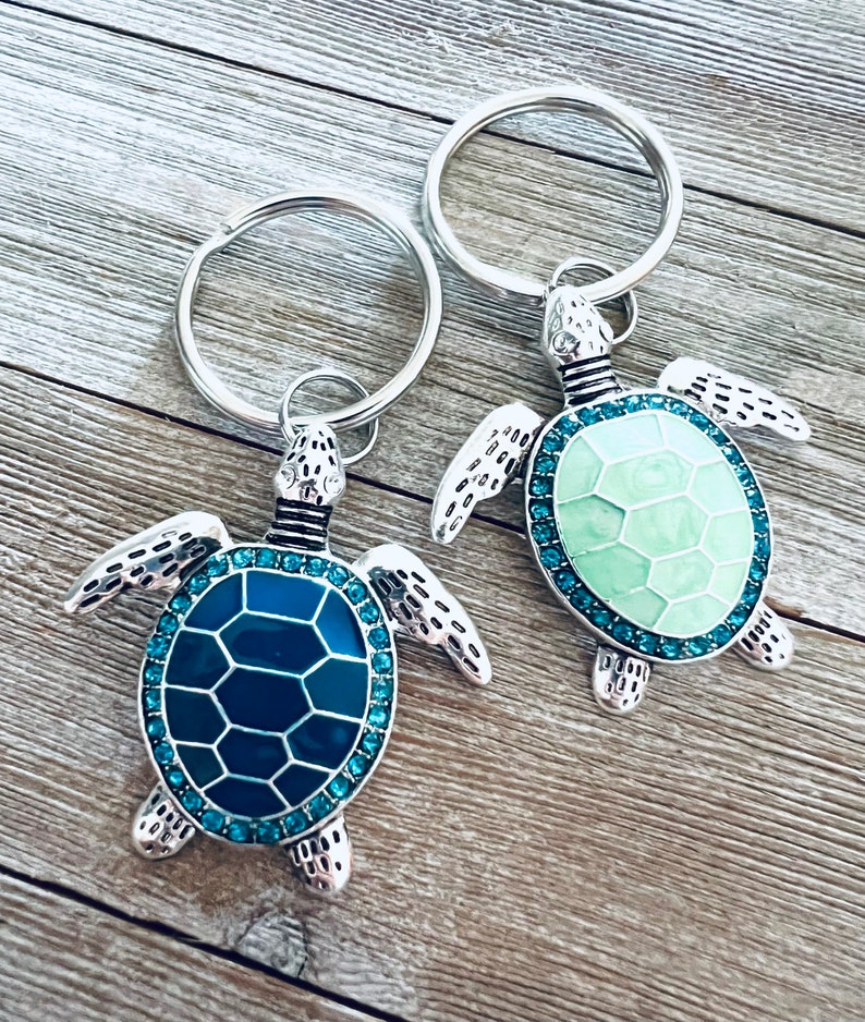 2 Sea Turtle Key Rings Dark Blue Sea Glass Green Rhinestone - Etsy