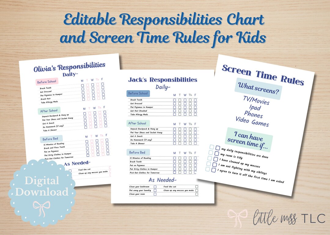 Editable Daily Responsibilities Chart and Screen Time Rules for Kids - Etsy