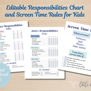 Editable Daily Responsibilities Chart and Screen Time Rules for Kids - Etsy