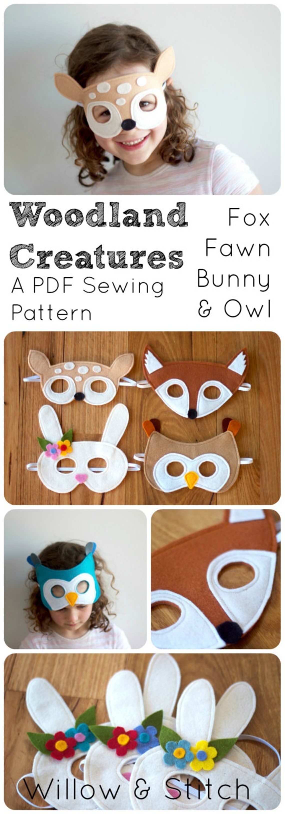Woodland Animals fox Fawn Bunny and Owl Felt Mask PDF - Etsy