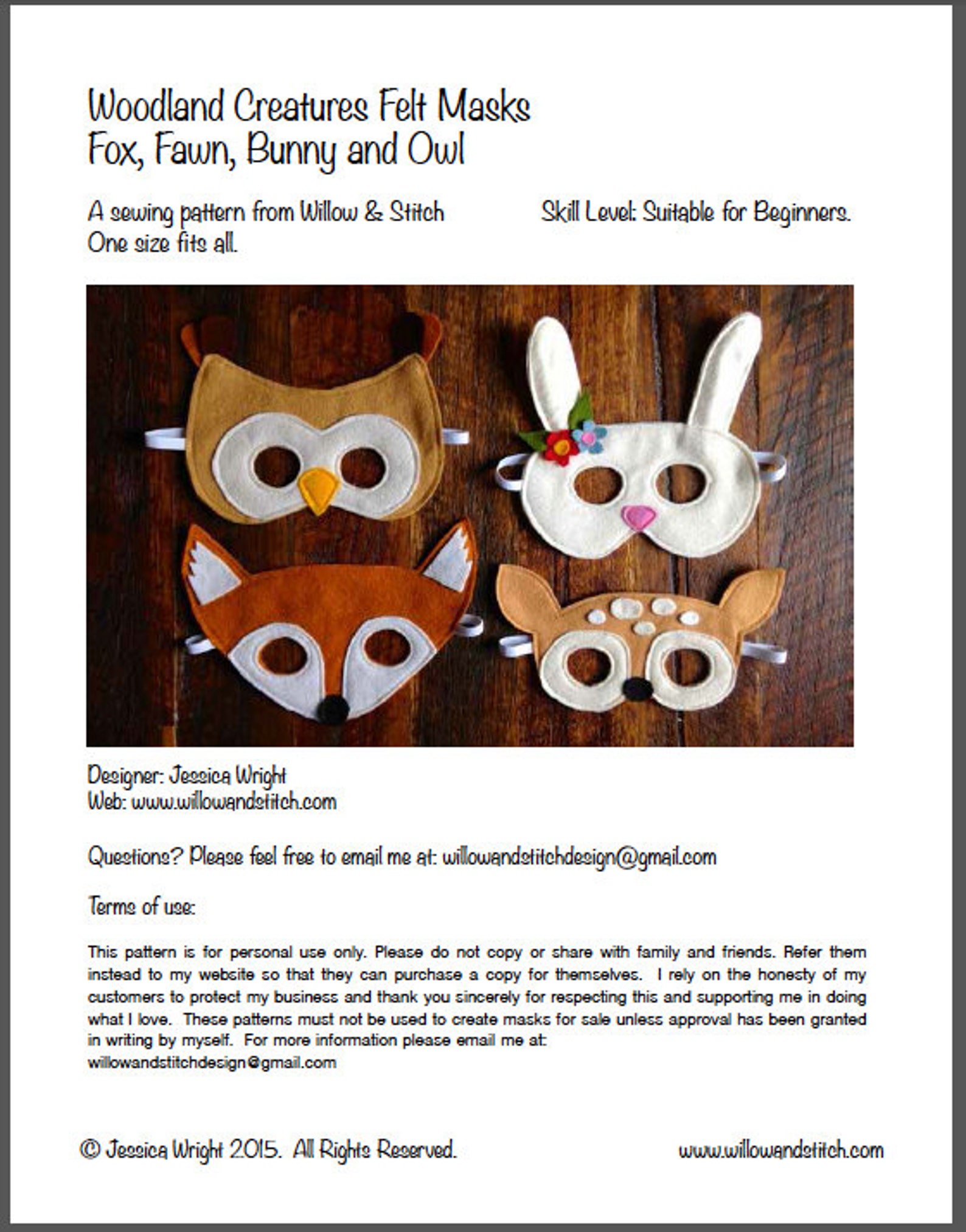 Woodland Animals fox Fawn Bunny and Owl Felt Mask PDF - Etsy