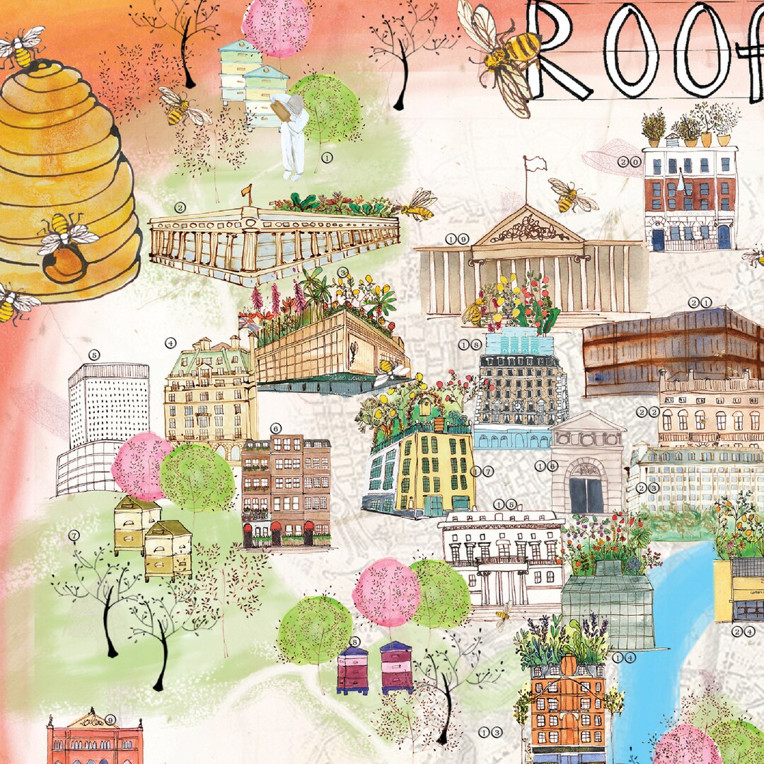 A3 London Rooftop Bees Map, Giclee Art Print, Watercolor London Map ...