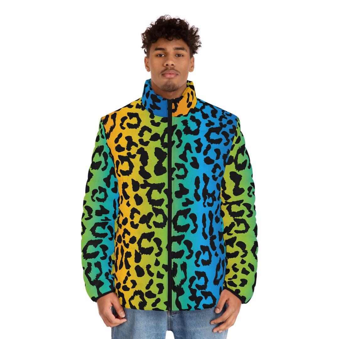 Men's Puffer Jacket (AOP) - Leopard Camouflage - Rainbow Reverse Panel ...