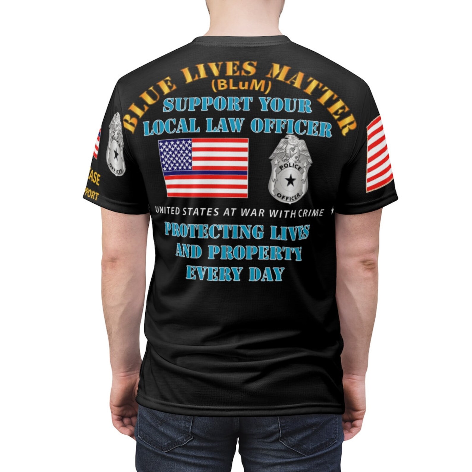 AOP - Blue Lives Matter (blum) - Blue Line Flag and Badge Front/back/ L ...