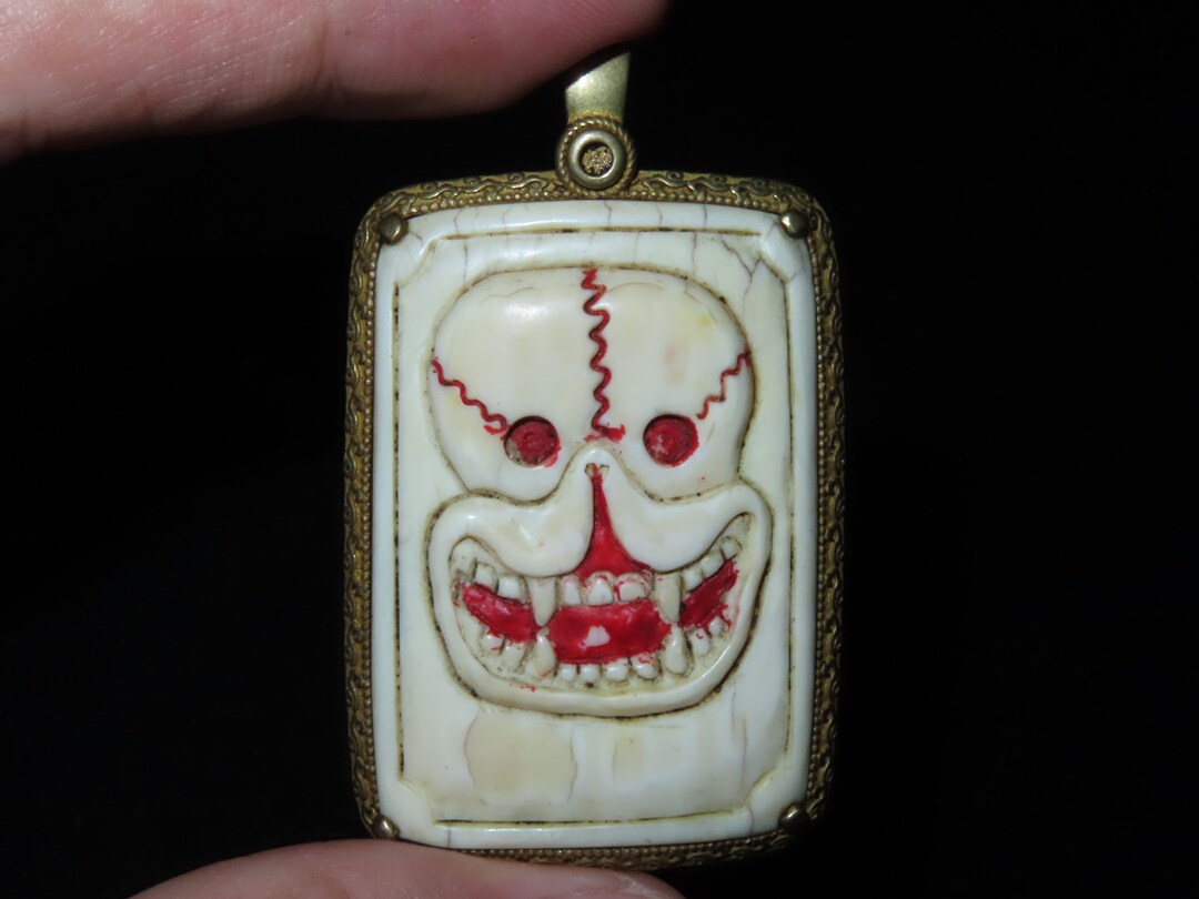 Nepal Tibet Buddhist Carved Tooth Wrathful Citipati Skull Talisman ...