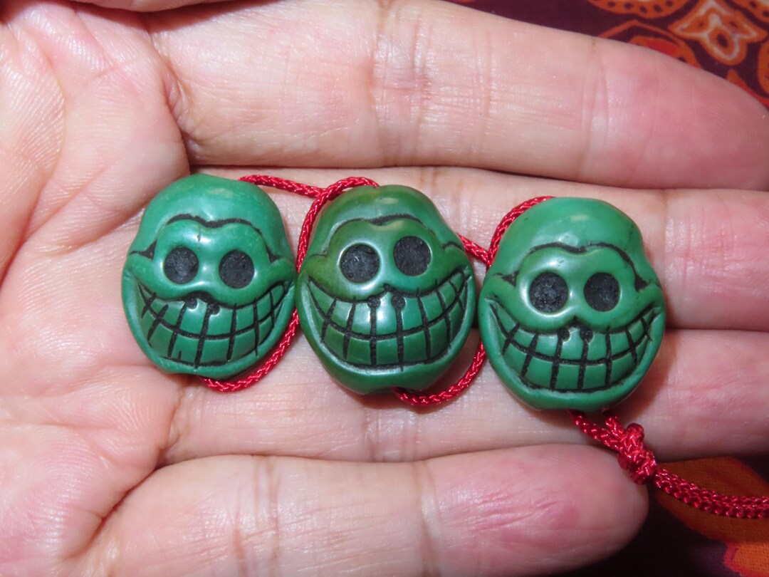 3x Nepal Tibet Buddhist Carved Green Glassware Citipati Skull Head ...
