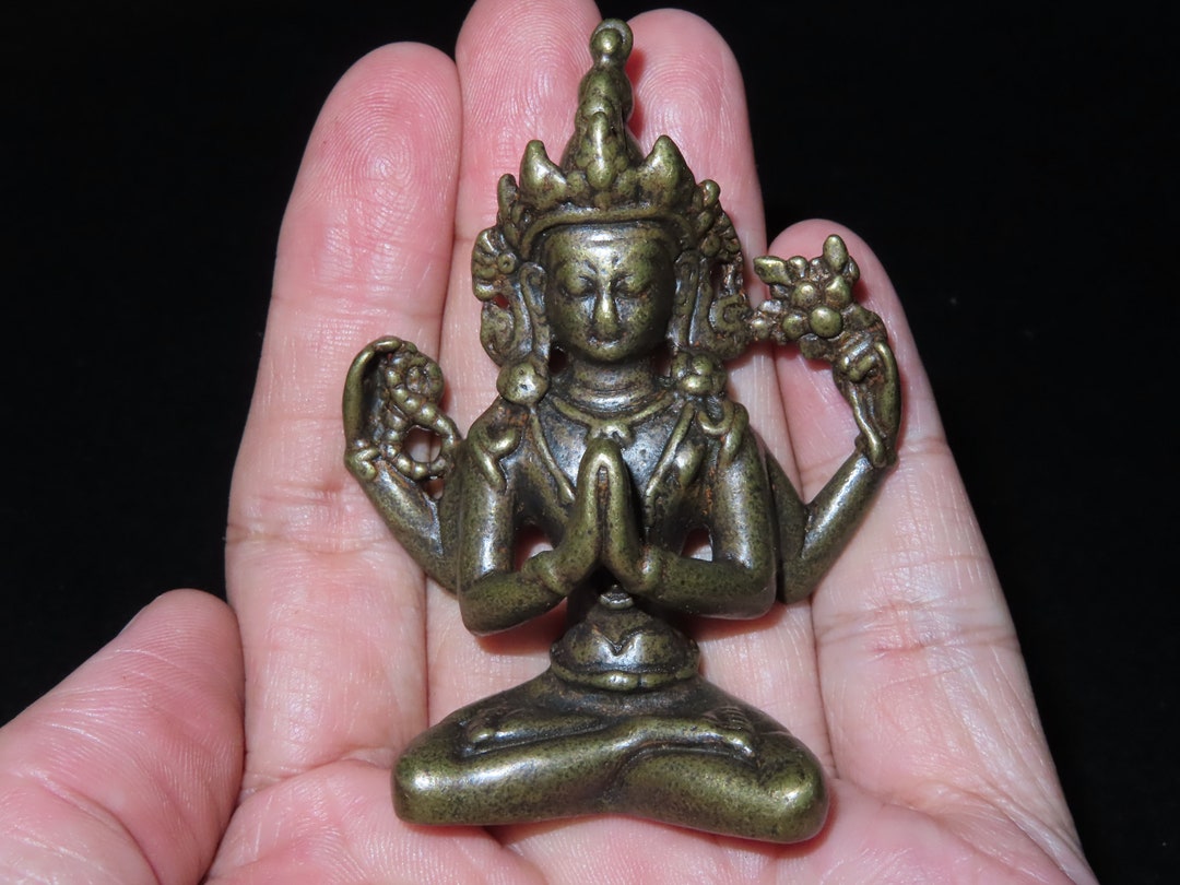 Nepal Tibet Buddhist Solid Bronze Chenrezig Miniature Talisman Statue ...