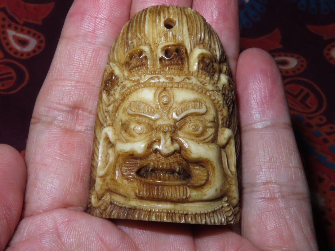 Nepal Tibet Buddhist Carved Yak Bone Mahakhala Head Talisman Pendant ...