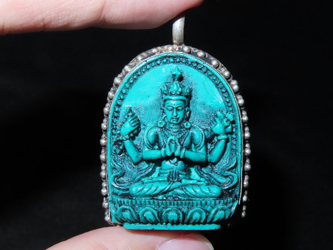 Nepal Buddhist Turquoise Powder Compressed 4-armed Chenrezig Talisman ...