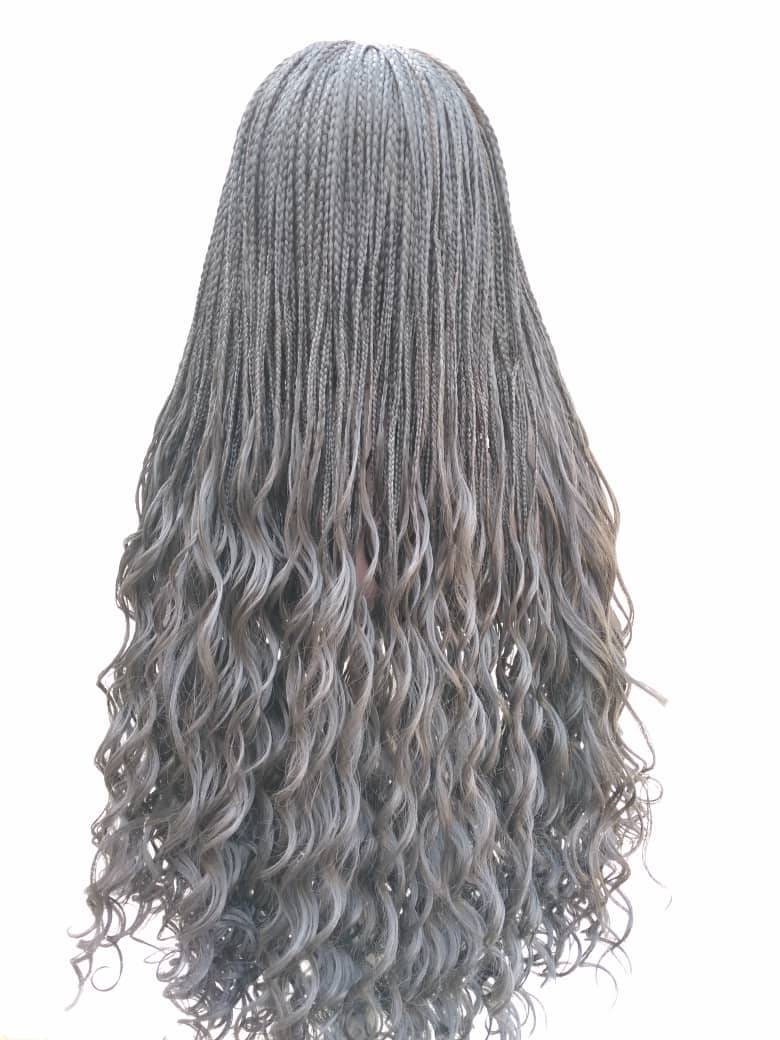 ATHENA - Micro Plaits Box Braids with curly ends Frontal Lace Wig Black ...