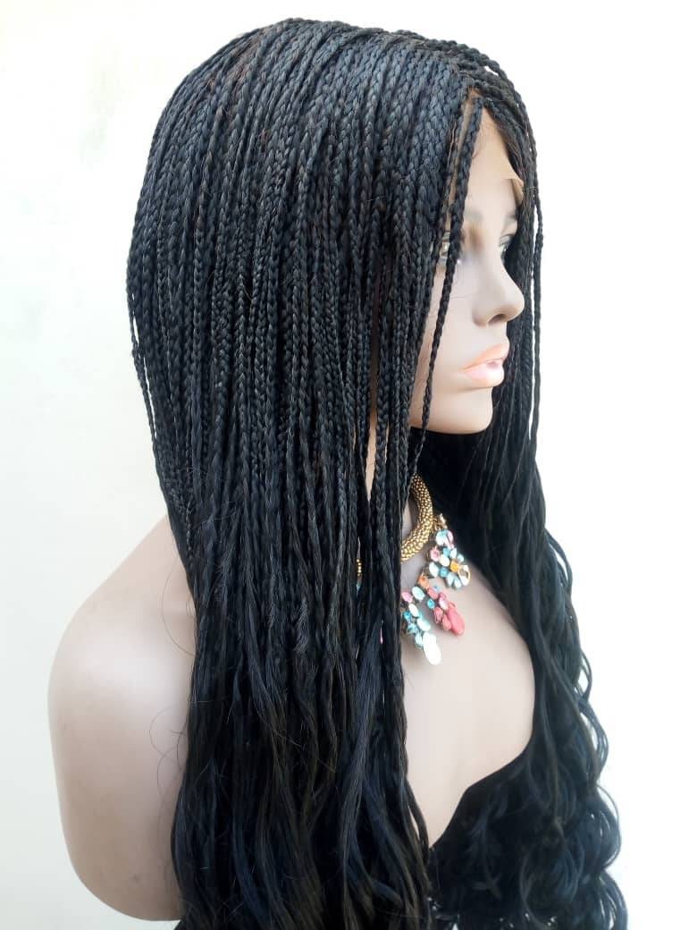 ATHENA - Micro Plaits Box Braids with curly ends Frontal Lace Wig Black ...