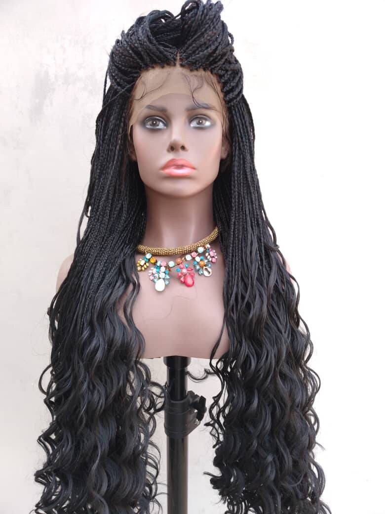 ATHENA - Micro Plaits Box Braids with curly ends Frontal Lace Wig Black ...
