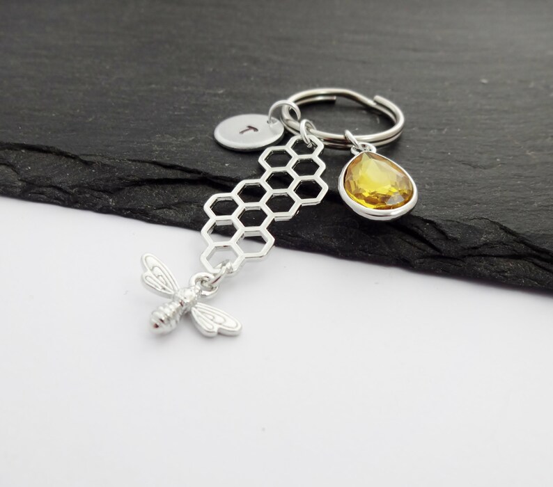 Honeycomb Keychain, Bee Keyring, Initial Keyring, Bee Gift ...