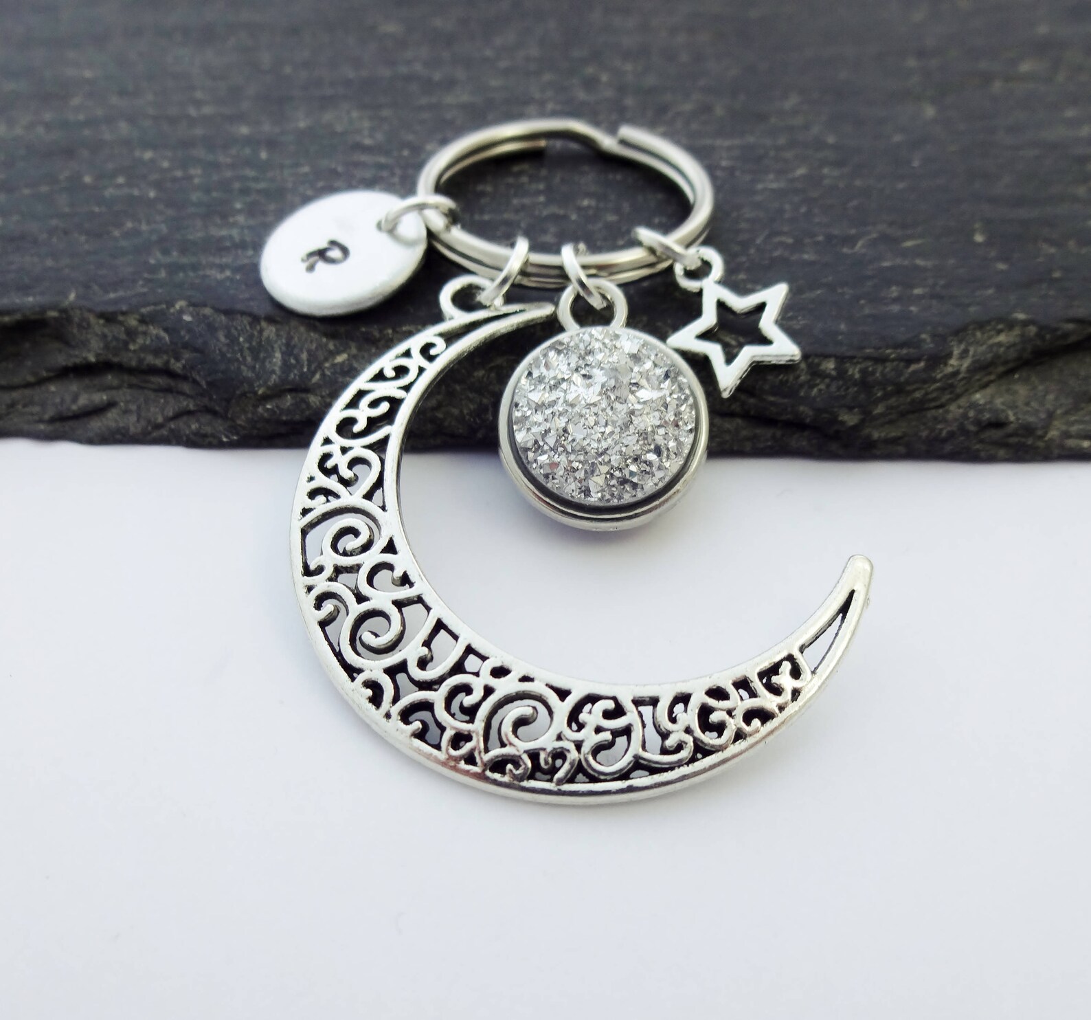 Moon Keychain Star Keyring Crescent Moon Initial Keyring - Etsy Sweden