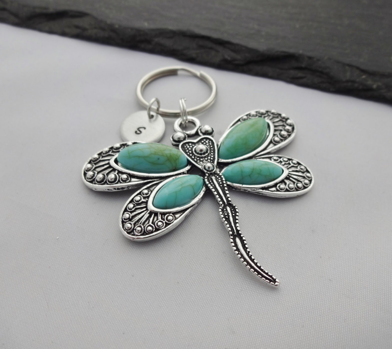 Dragonfly Keyring Initial Dragonfly Keyring Hand Stamped | Etsy