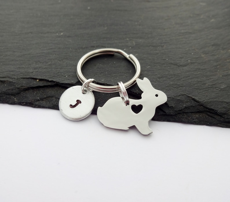 Rabbit Keychain, Initial Rabbit Keyring, Hand Stamped, Small Gift, Pet ...
