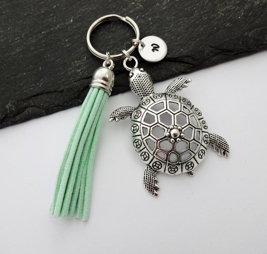 Tassel Keychain, Turtle Keyring, Initial Keyring, Turtle Keychain ...