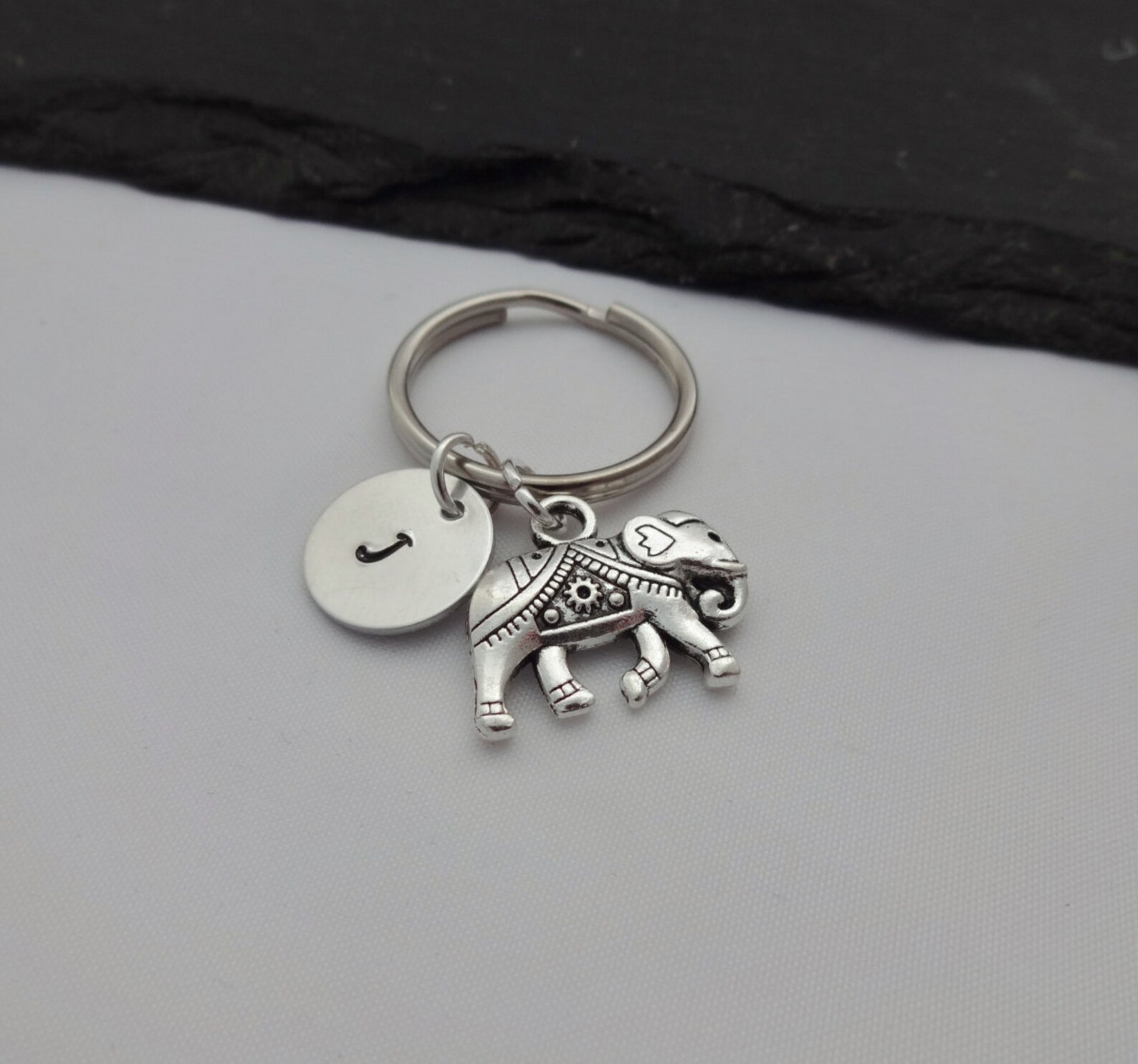Elephant Charm Keyring Initial Elephant Keyring Hand Stamped | Etsy UK