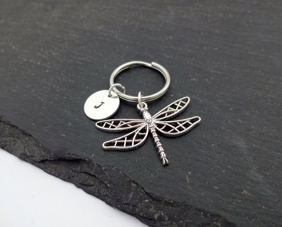Dragonfly Keychain, Initial Dragonfly Keyring, Hand Stamped Keyring ...