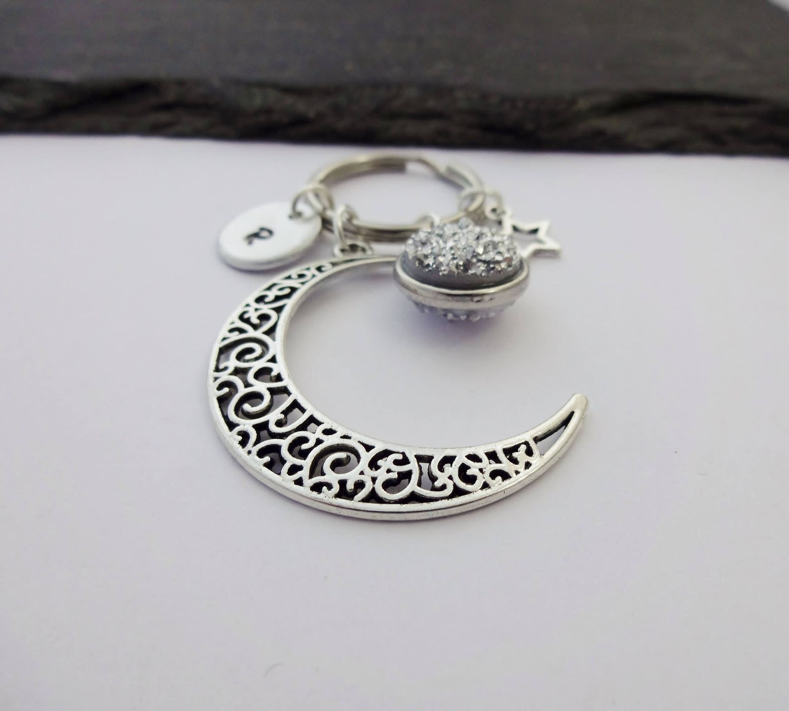 Moon Keychain Star Keyring Crescent Moon Initial Keyring | Etsy