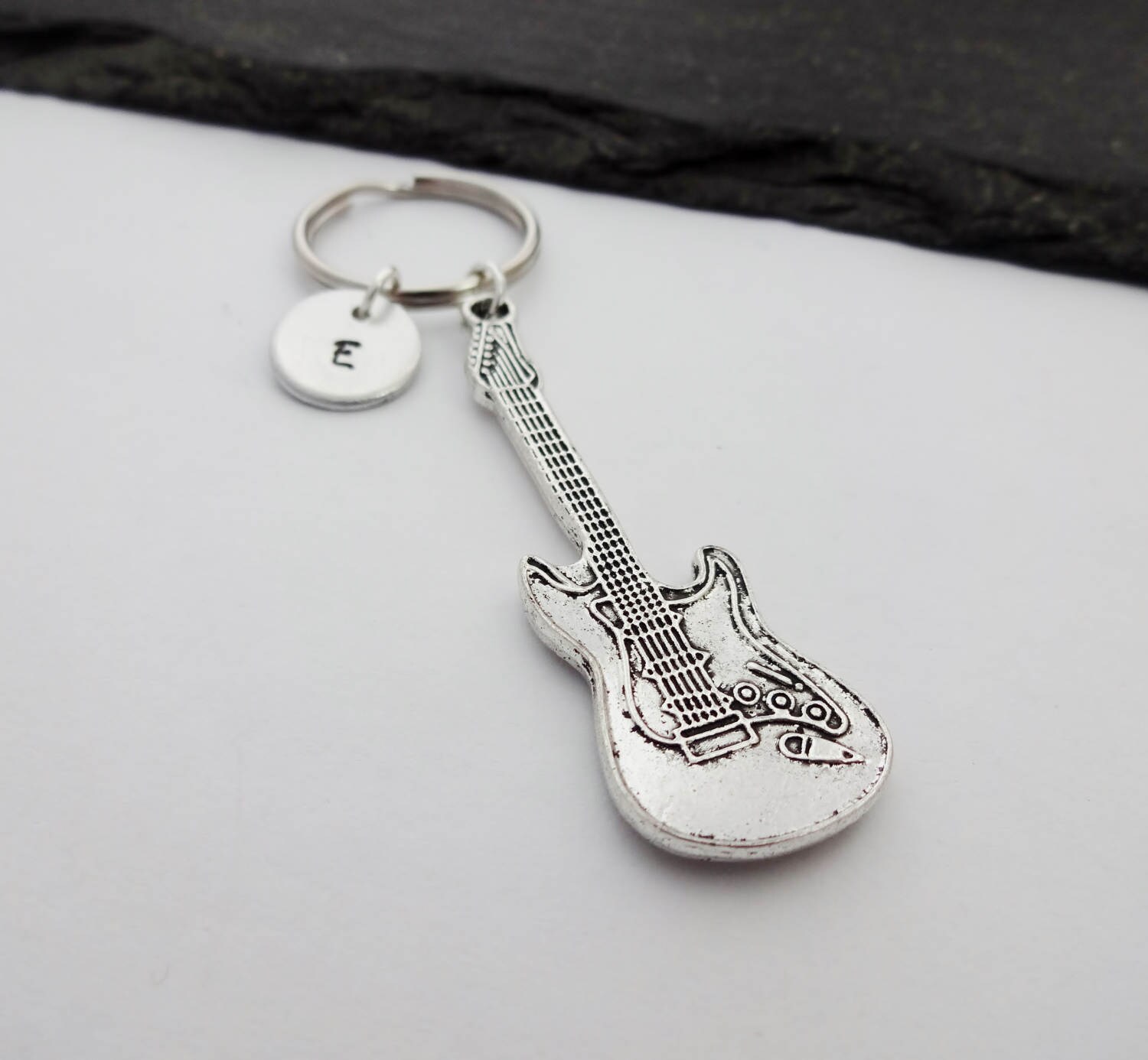 Guitar Keyring, Initial Keyring, Hand Stamped, Music Keyring, Music ...
