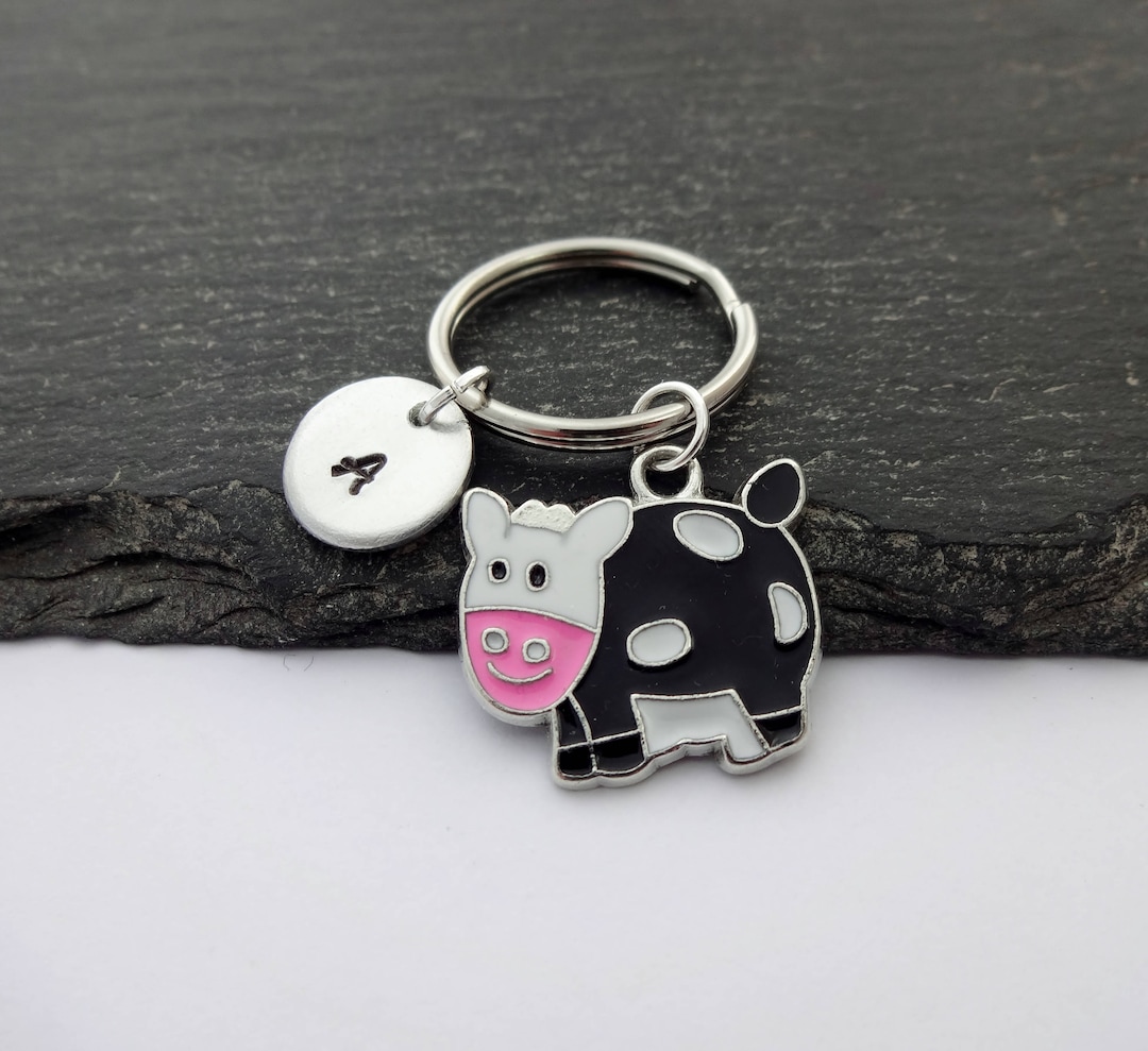 Cow Keychain, Cow Keyring, Initial Keyring, Hand Stamped, Charm ...