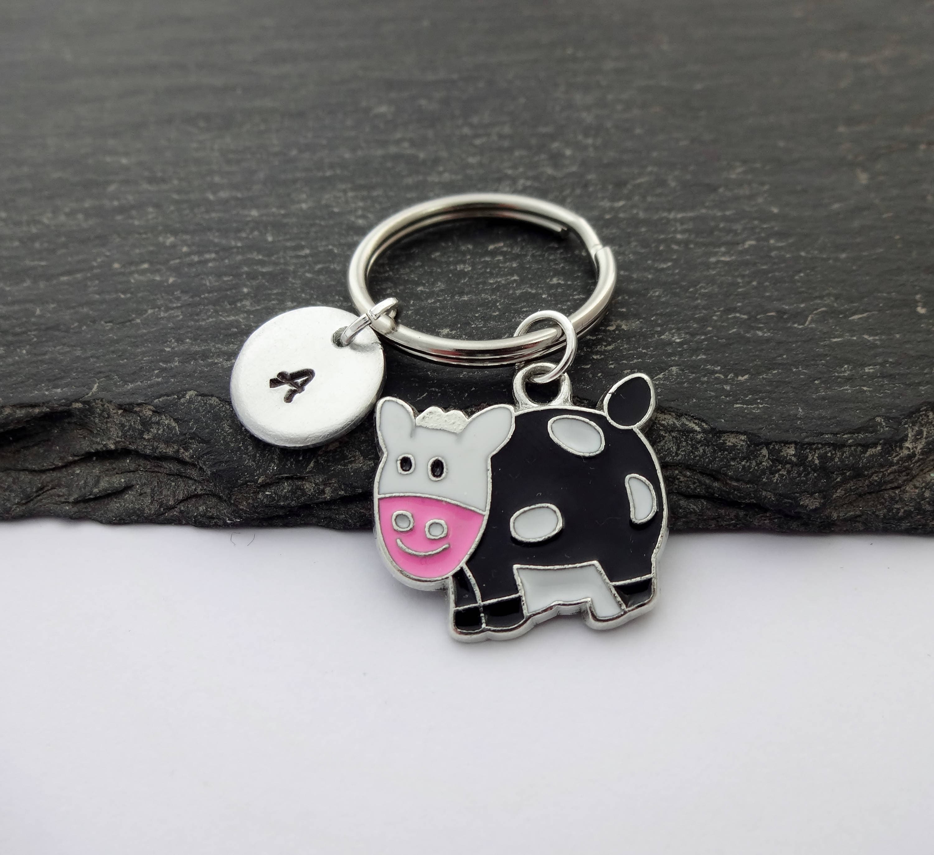 Cow Keychain Cow Keyring Initial Keyring Hand Stamped | Etsy