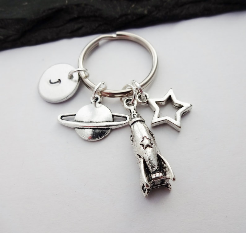 Space Keyring Rocket Gift Space Keychain Initial Keyring | Etsy