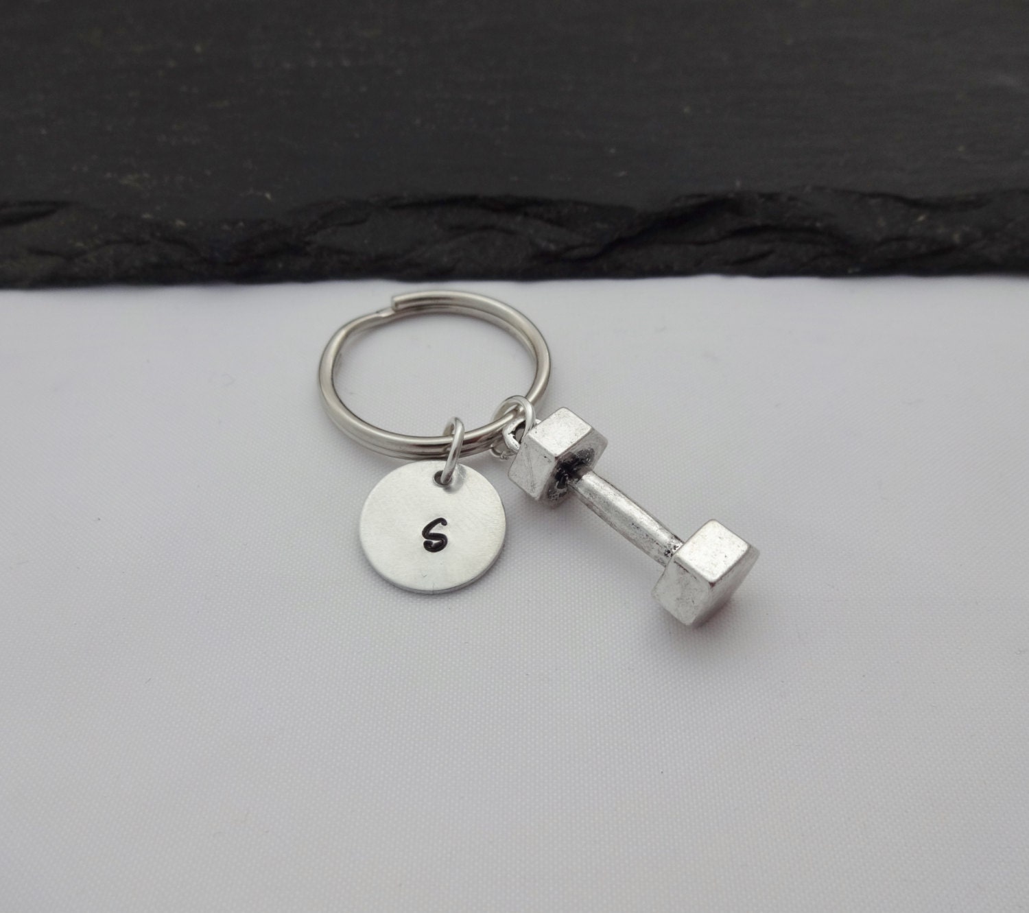 Dumbbell Keyring, Initial Keyring, Dumbbell Keychain, Hand Stamped ...