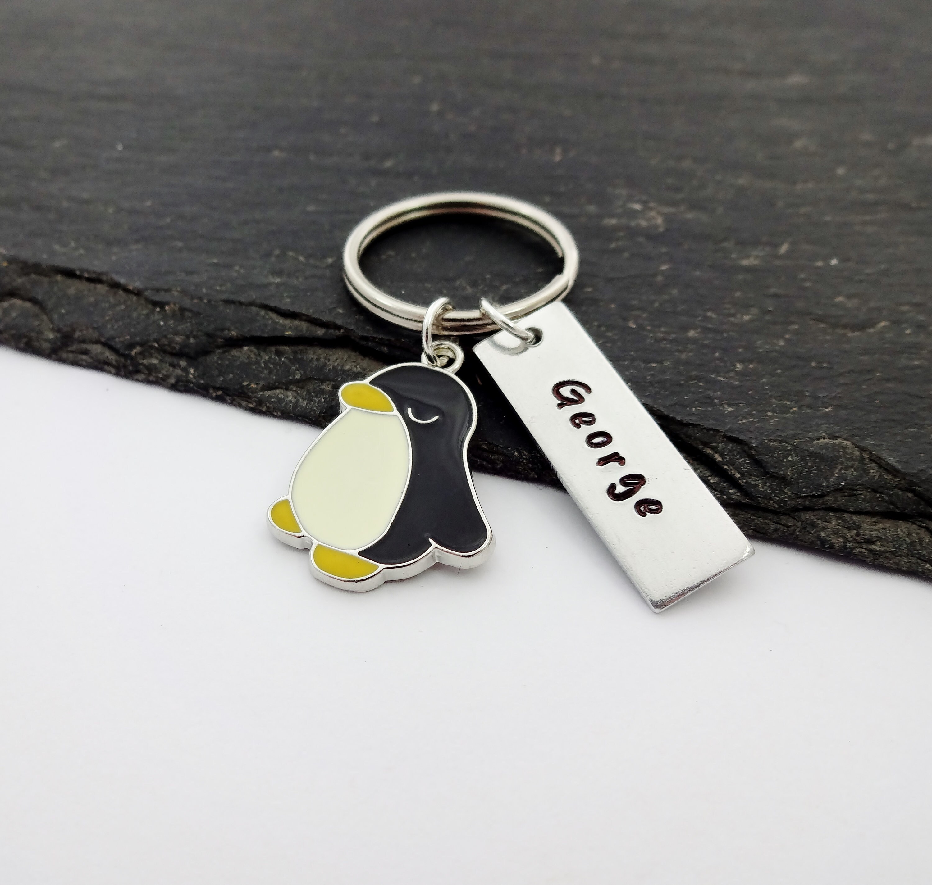 Personalised Penguin Keyring, Penguin Gifts, Name Keyring, Hand Stamped ...