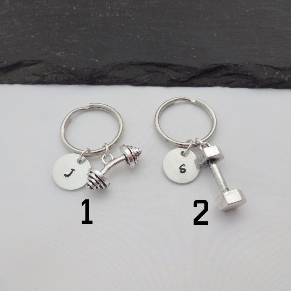 Dumbbell Keyring, Initial Keyring, Dumbbell Keychain, Hand Stamped ...
