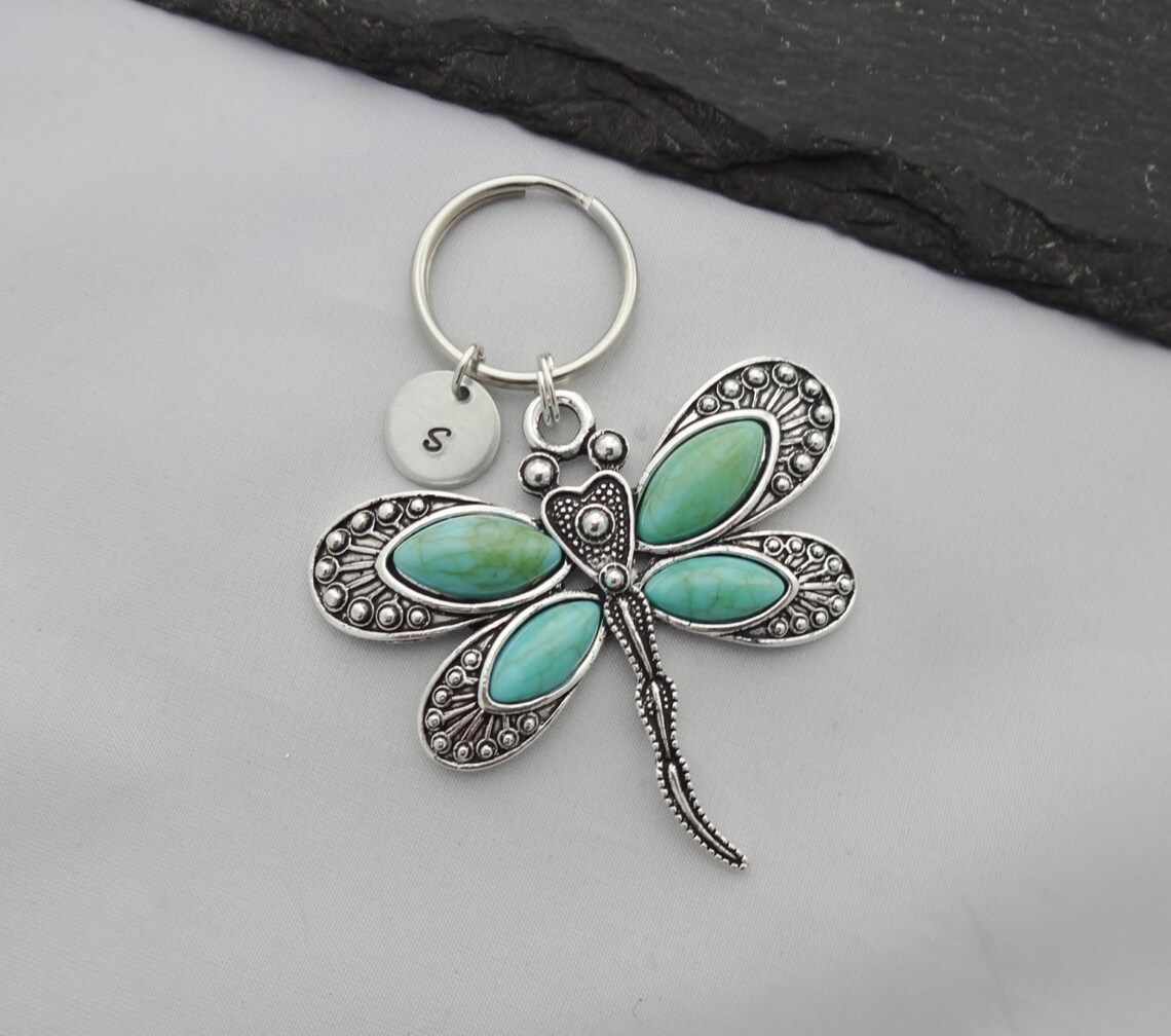 Dragonfly Keyring Initial Dragonfly Keyring Hand Stamped | Etsy