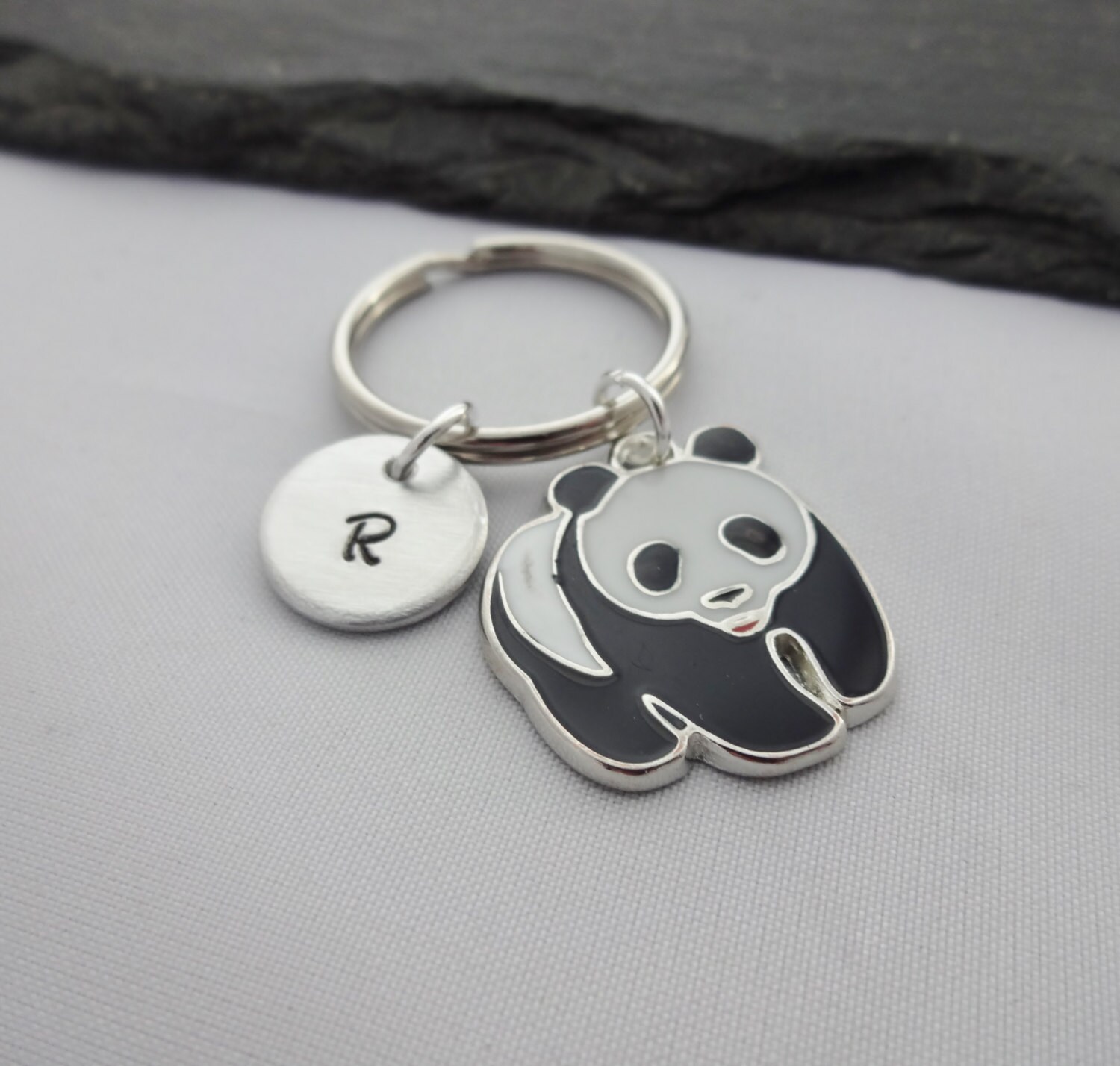 Panda Keychain Panda Keyring Initial Keyring Hand Stamped | Etsy