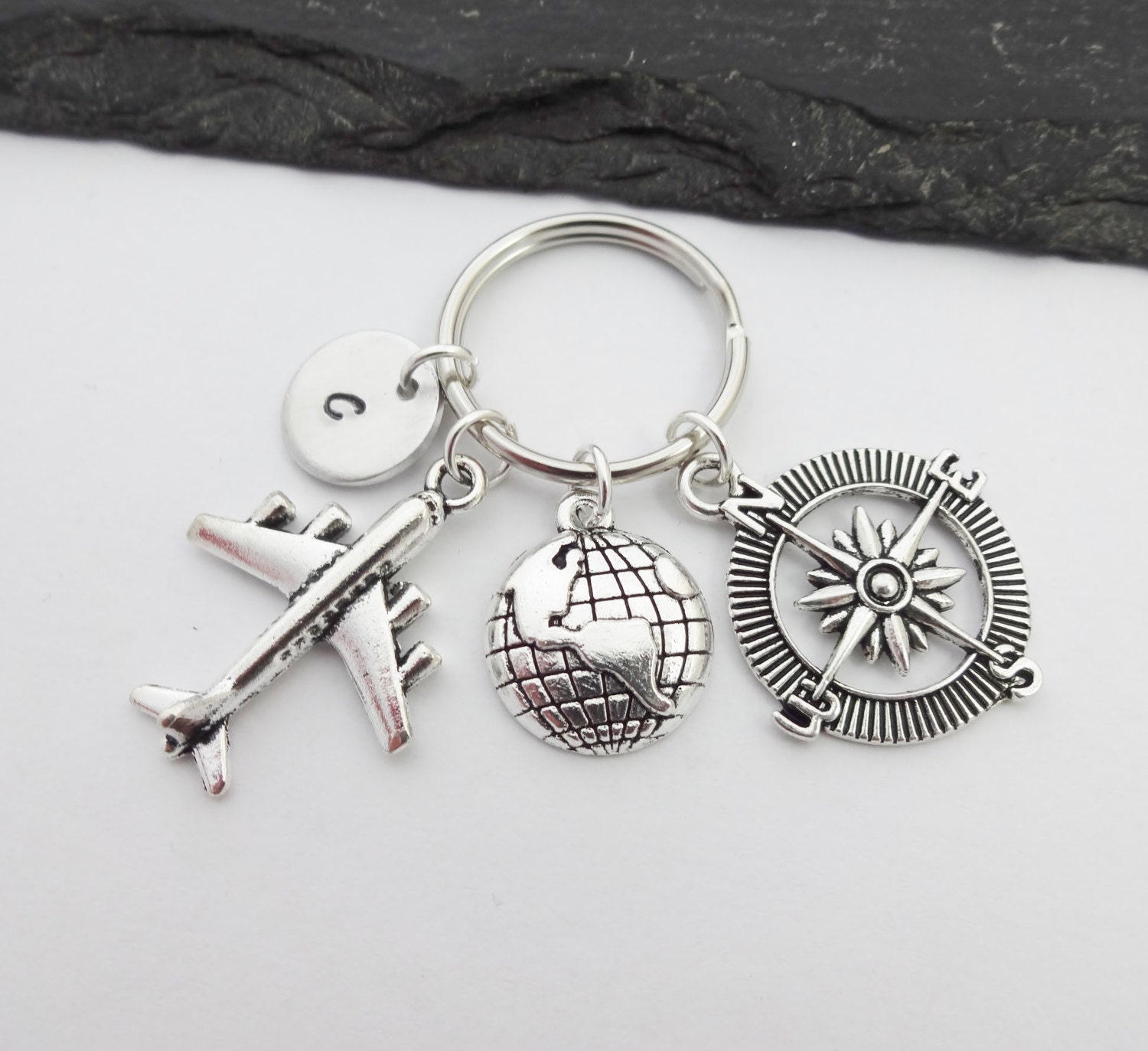 Travel Keyring Compass Keychain Plane Keyring Initial - Etsy UK