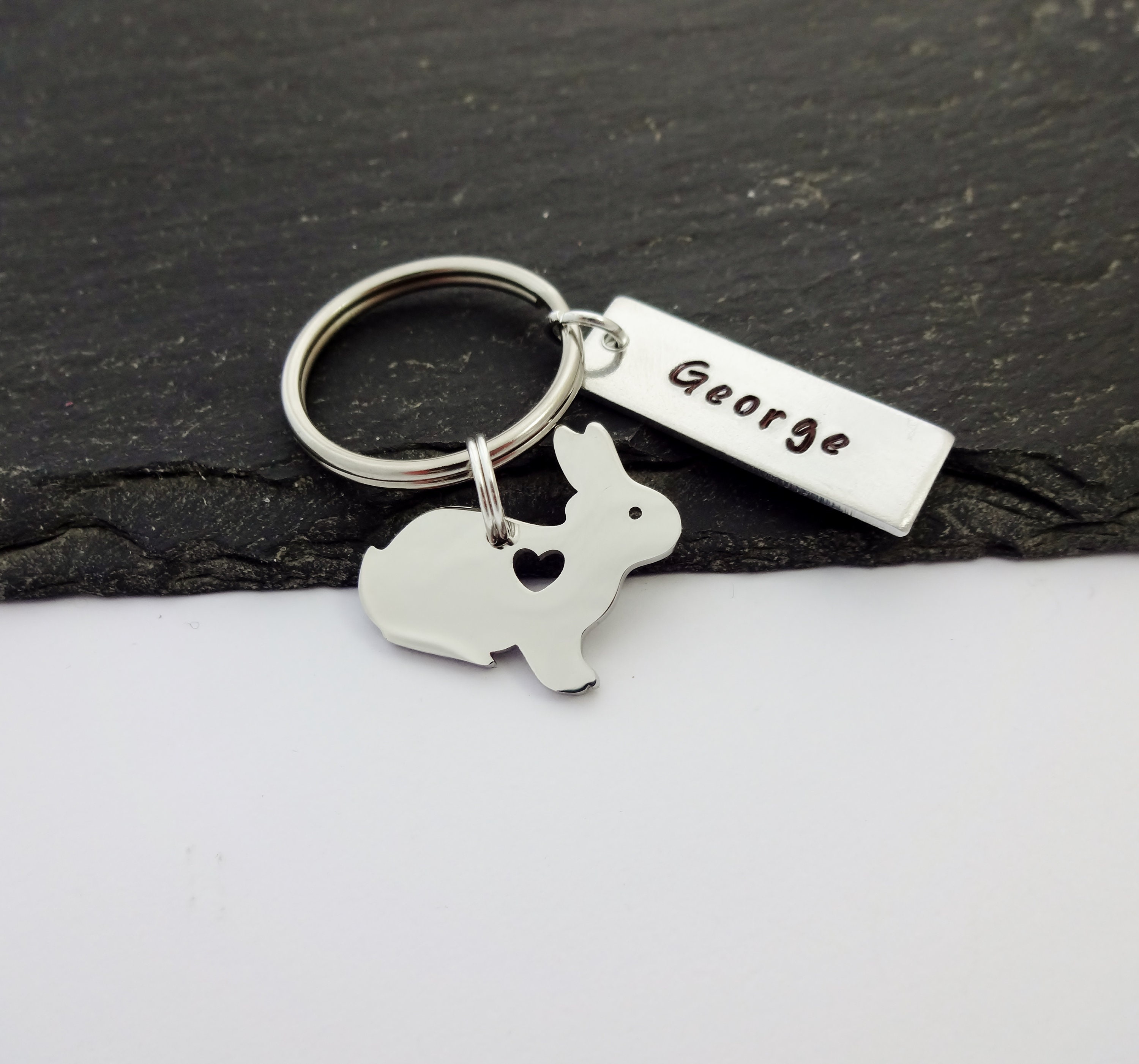 Rabbit Keyring Name Keychain Hand Stamped Pet Owner | Etsy