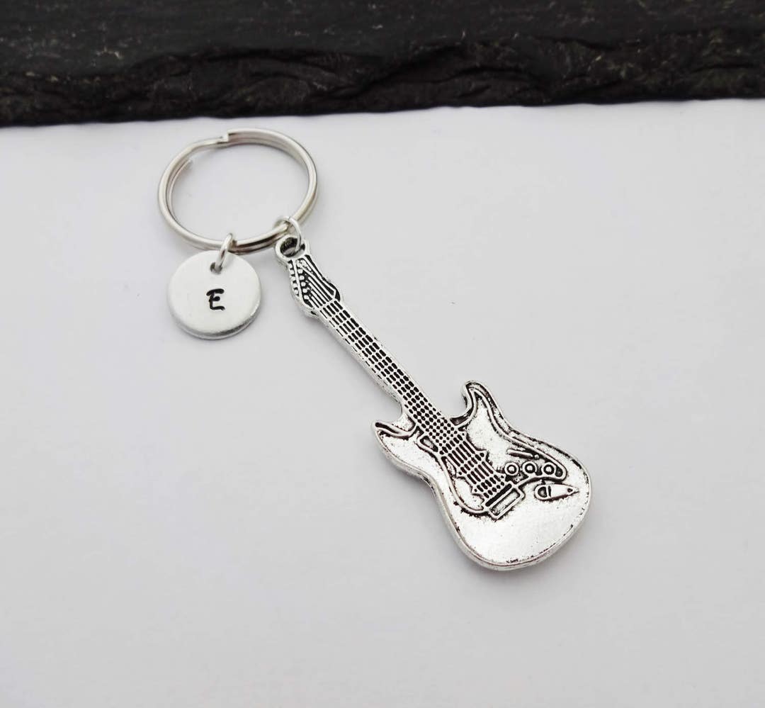 Guitar Keyring, Initial Keyring, Hand Stamped, Music Keyring, Music ...
