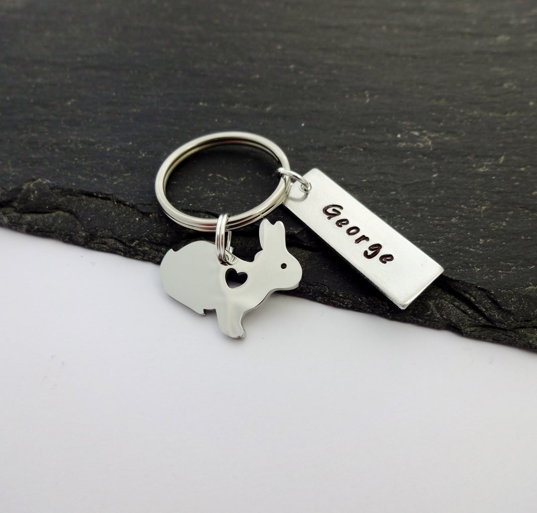 Rabbit Keyring, Name Keychain, Hand Stamped, Pet Owner, Personalised ...