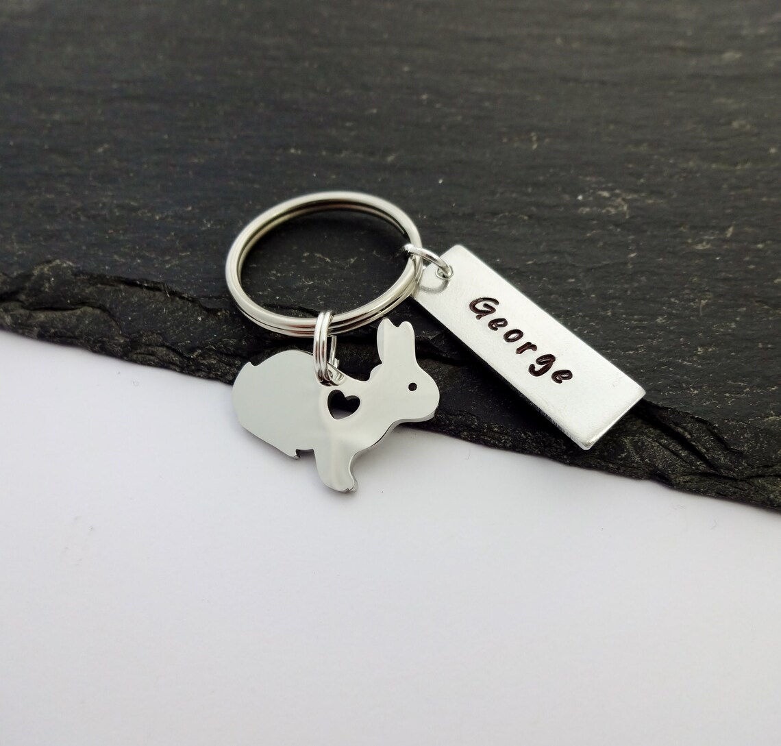 Rabbit Keyring Name Keychain Hand Stamped Pet Owner - Etsy