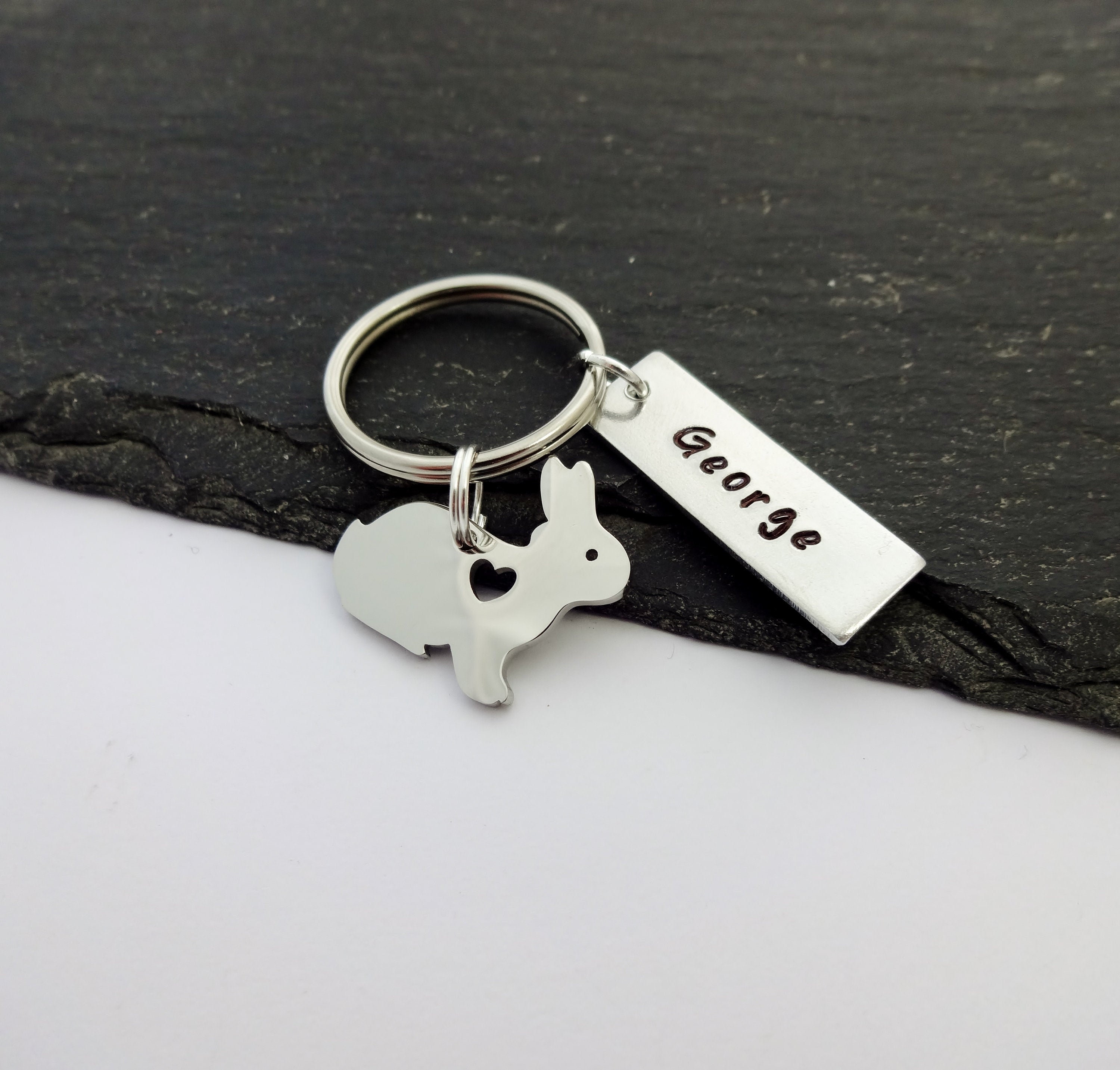 Rabbit Keyring Name Keychain Hand Stamped Pet Owner | Etsy