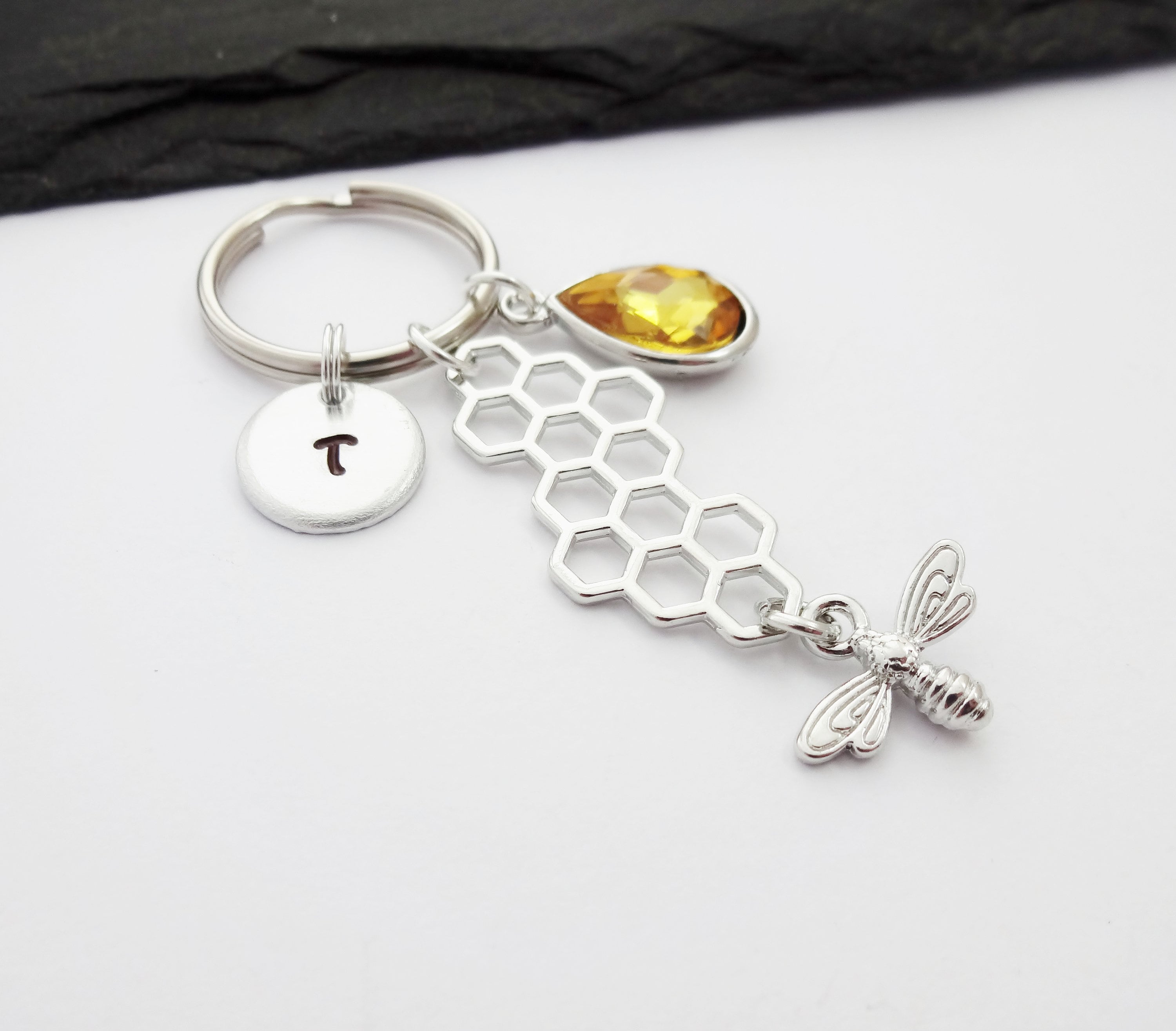 Honeycomb Keychain, Bee Keyring, Initial Keyring, Bee Gift ...