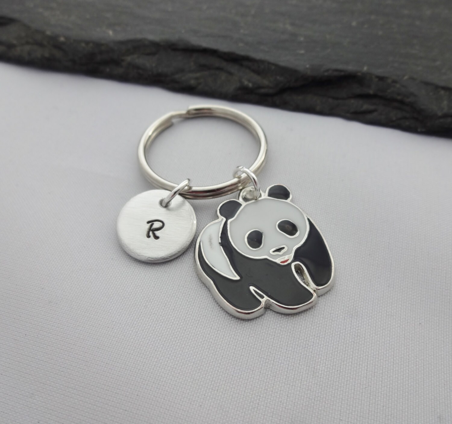 Panda Keychain Panda Keyring Initial Keyring Hand Stamped | Etsy