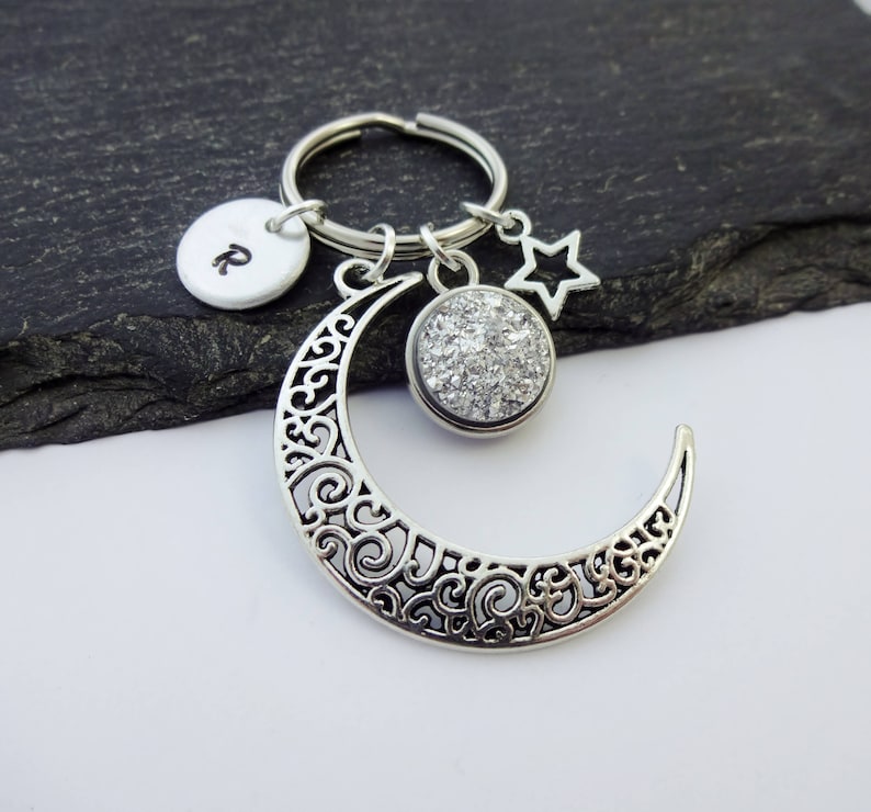 Moon Keychain Star Keyring Crescent Moon Initial Keyring - Etsy