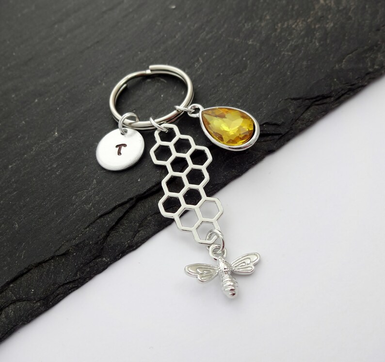 Honeycomb Keychain, Bee Keyring, Initial Keyring, Bee Gift ...